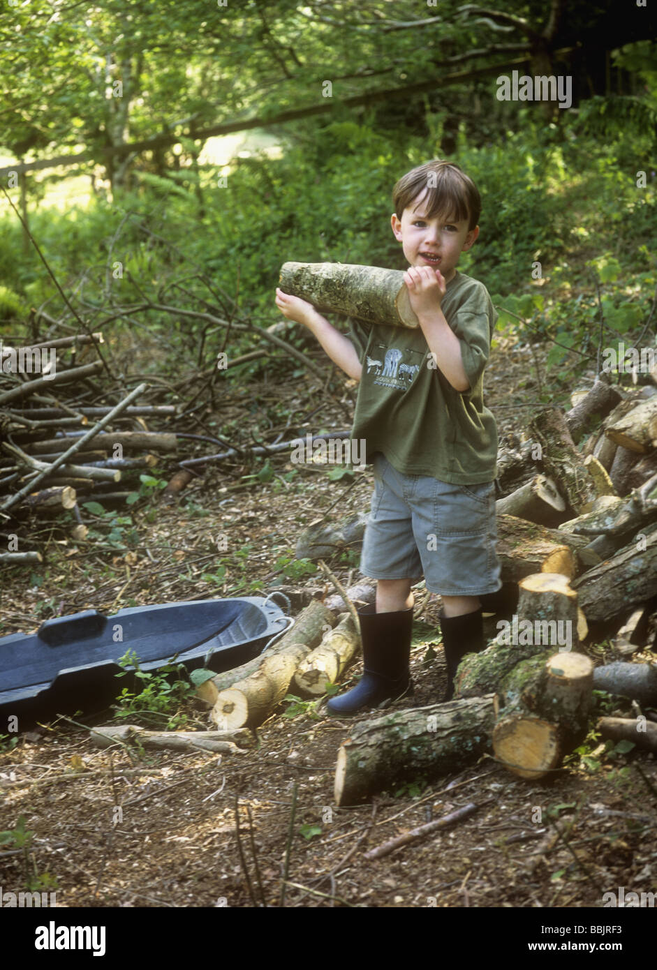 Cheeky young boy holding up a log he is collecting for firewood Stock ...