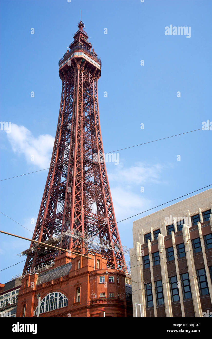 Blackpool Tower with Overhead Tram Wires and Art Deco Building Stock ...