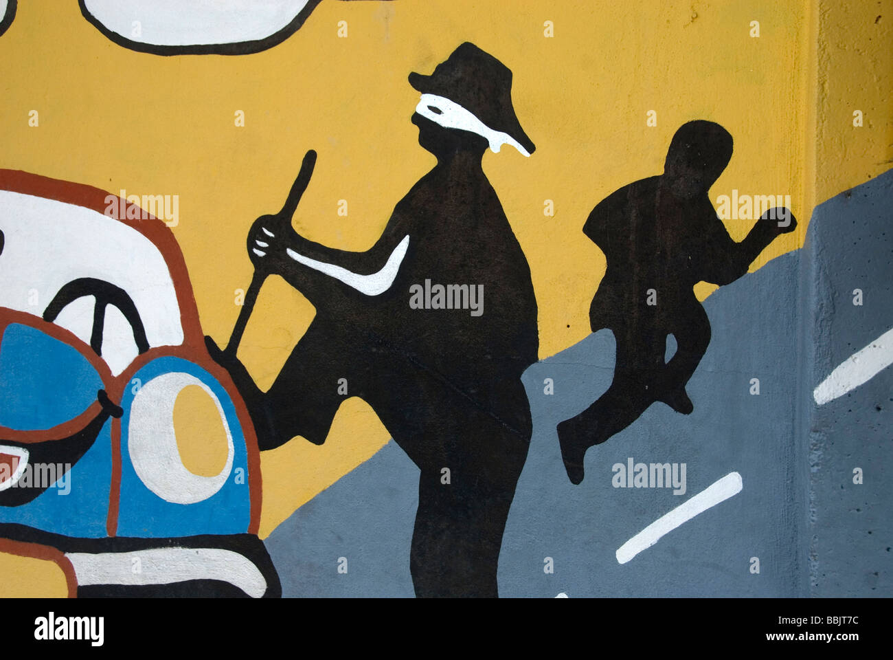 Nicaragua March 2009 Graphic wall painting of car robbery outside a ...