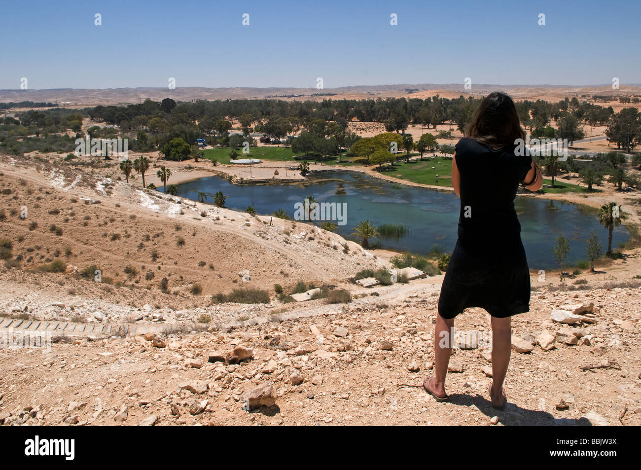 A traveler looking at the water pond of Golda Meir Park near Revivim in ...