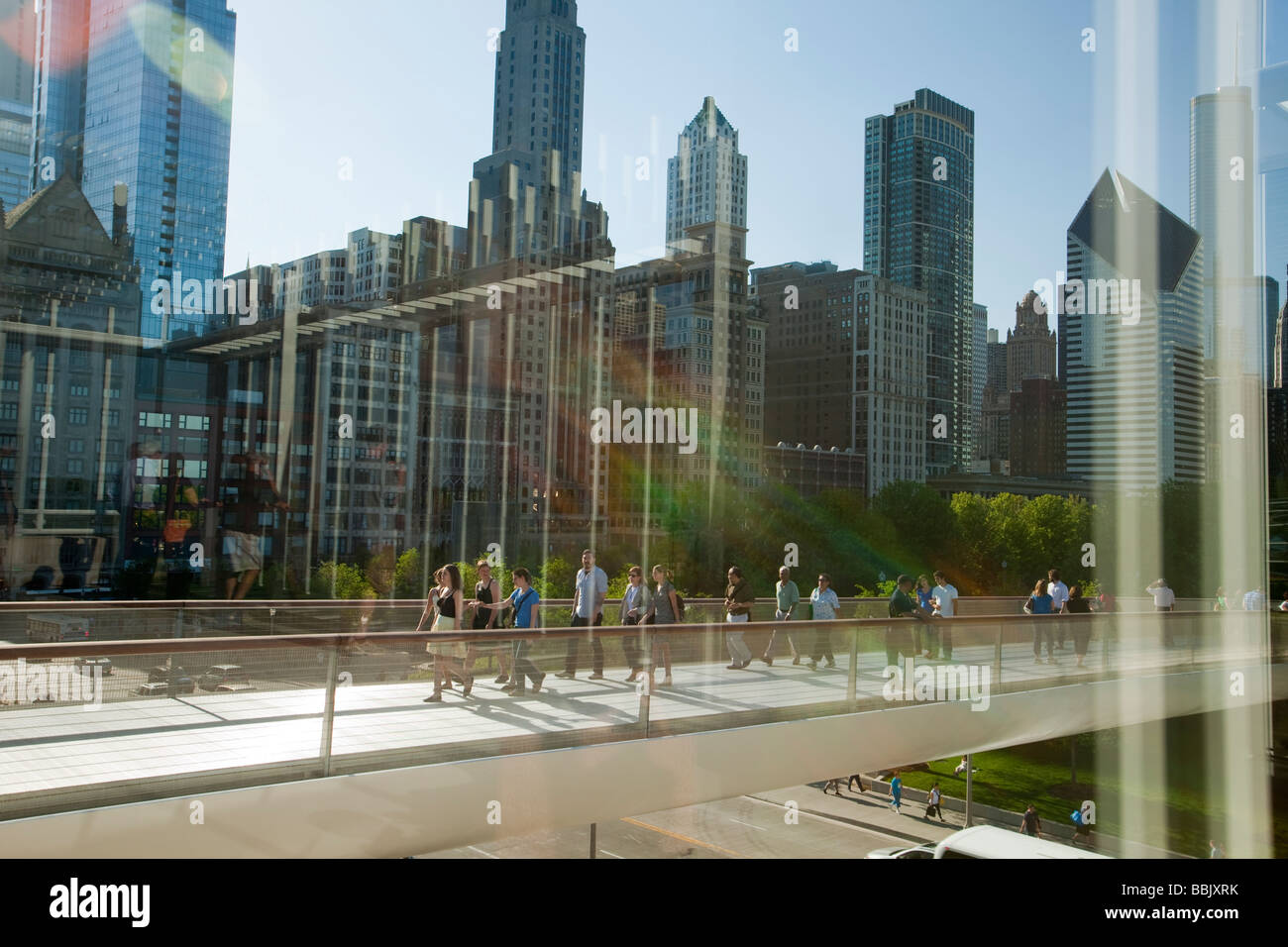 CHICAGO Illinois People walking on Nichols Bridgeway pedestrian bridge ...