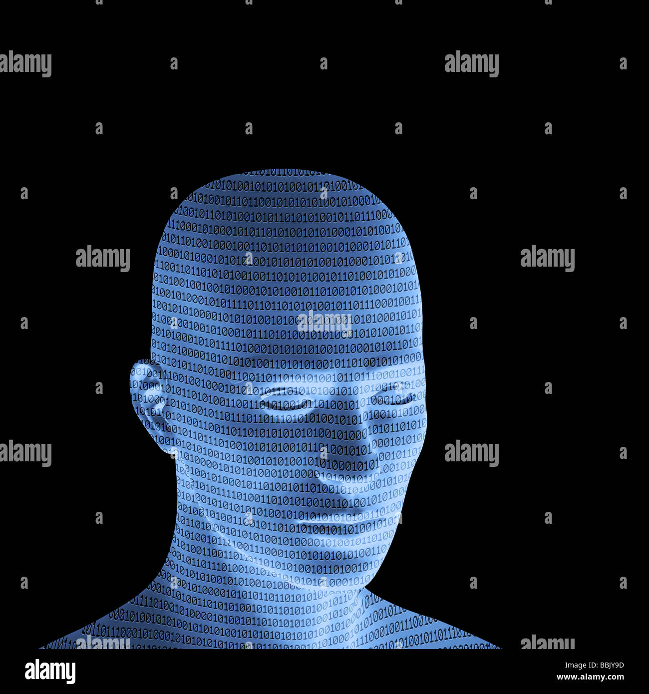 Human head with binary code isolated against black background Stock ...