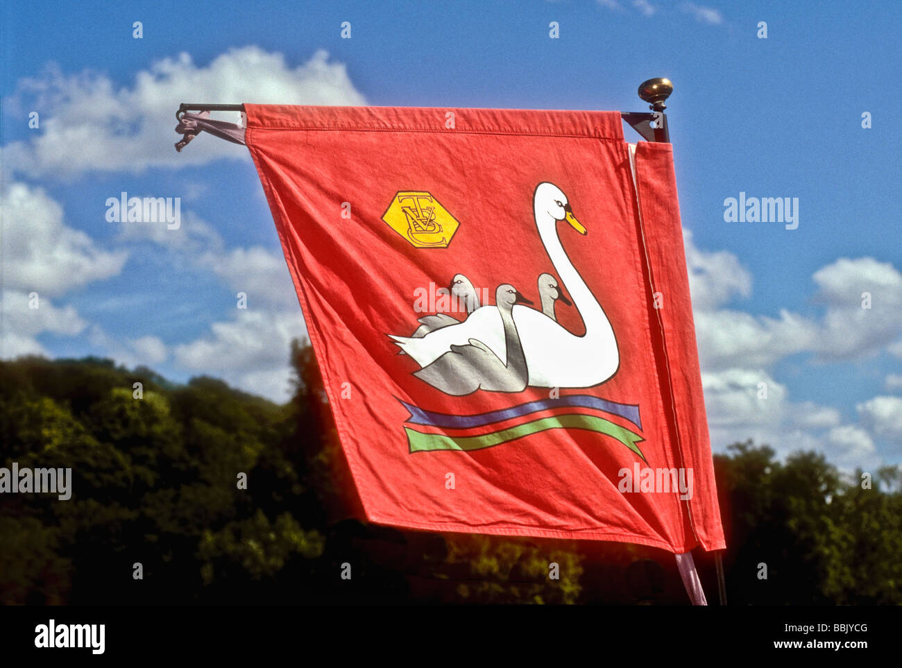 The Thames Vintage Boat Club swan upping flag flies on a launch on the ...