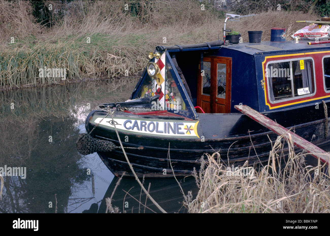 Narrow boat Caroline moored on canal England Stock Photo - Alamy