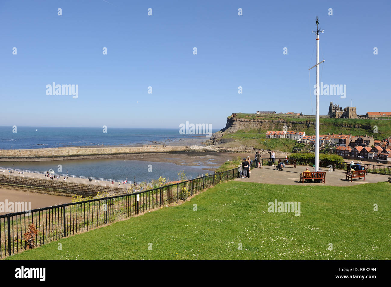 A view of Whitby's tourist hotspots. Whitby Abbey ruins stand on the ...