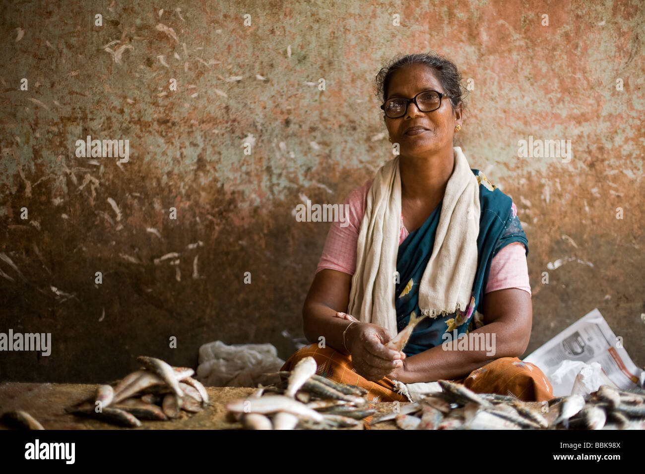 Portrait of Indian christian woman fish-vendor selling fish at the fish ...