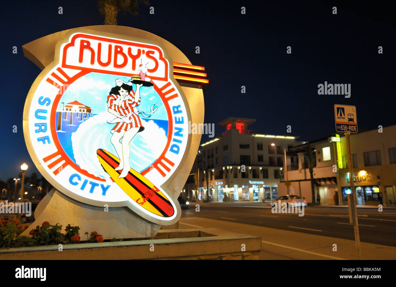 A large neon sign for Ruby´s Diner on the Pier, Huntington Beach CA ...