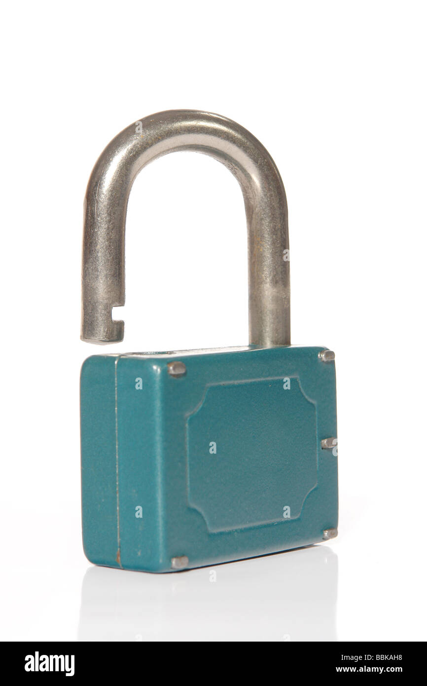 Open green metal padlock over white background Stock Photo - Alamy