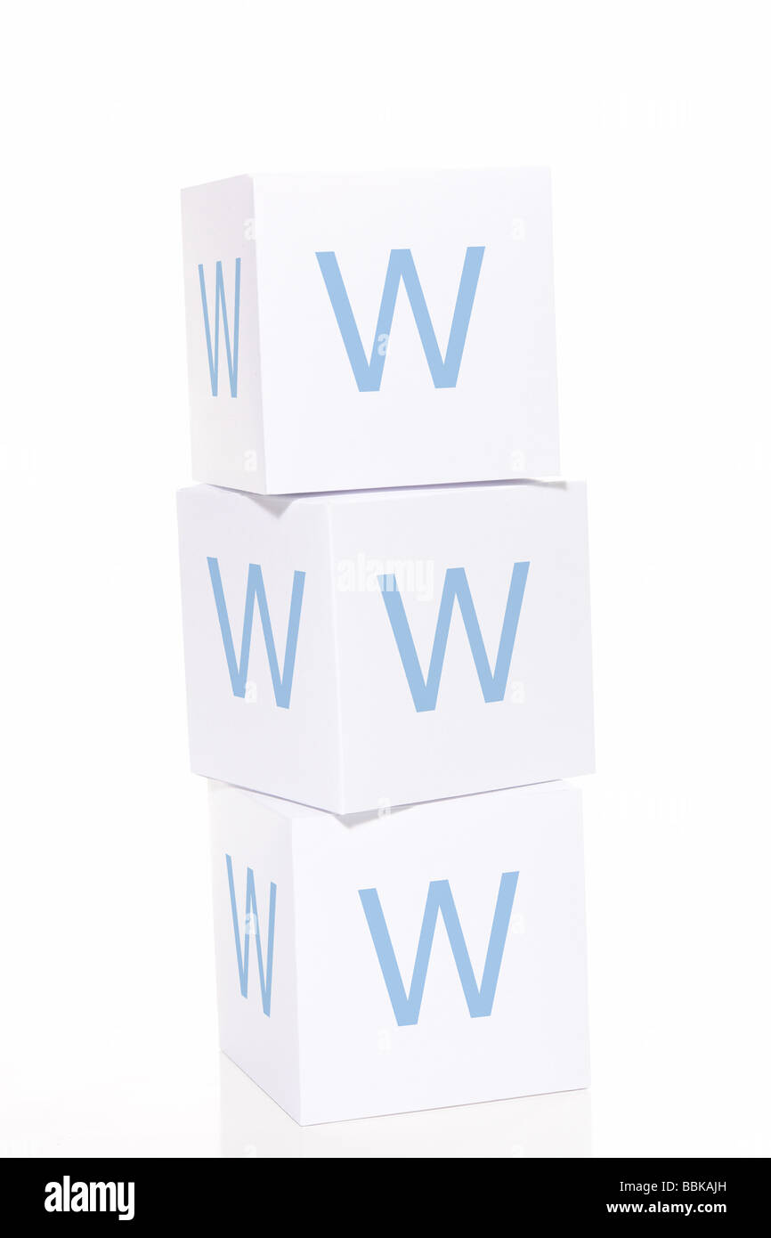 Pyramid of three white letter blocks spelling WWW over white background ...