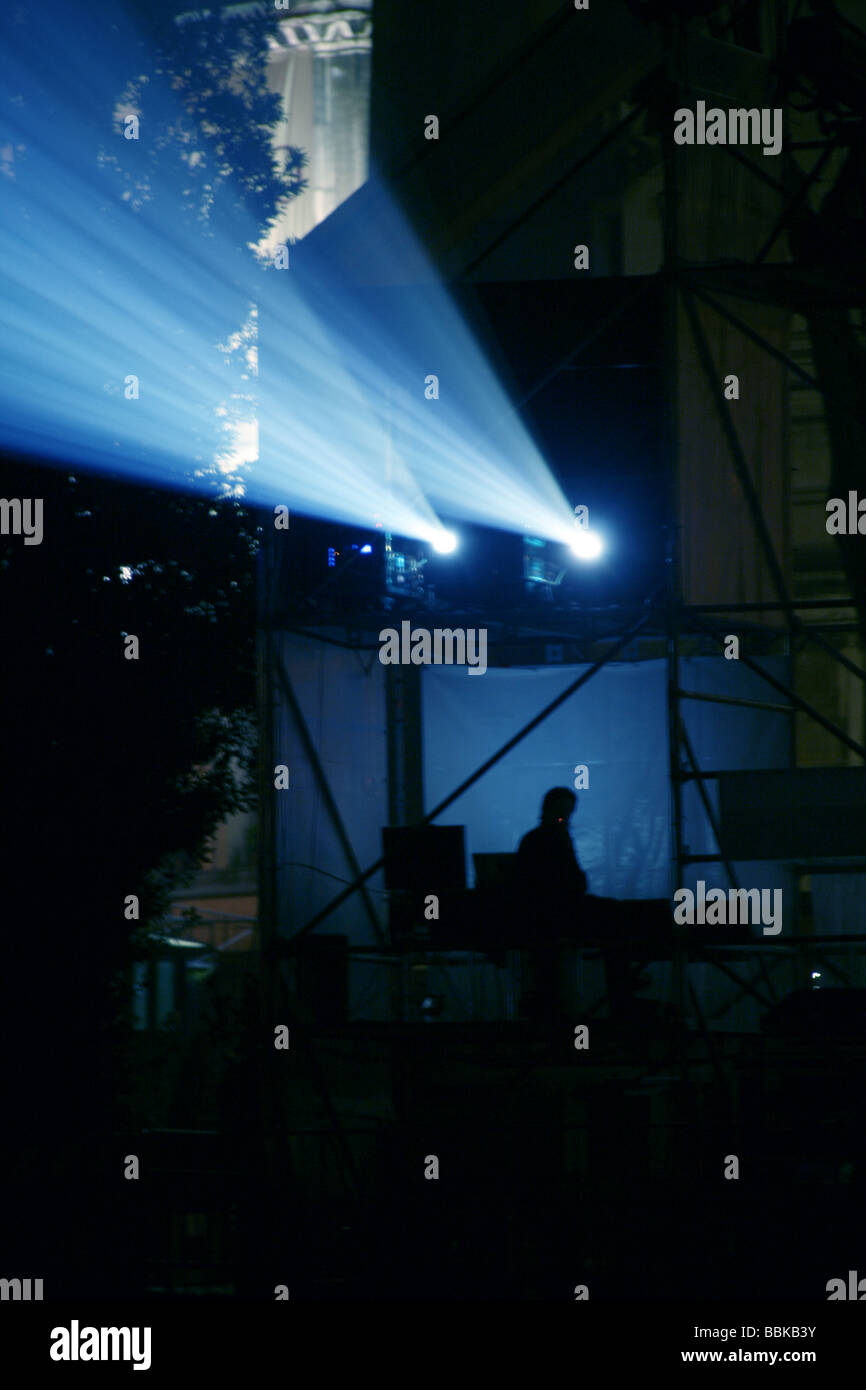 blue laser type lights from projectors at light show in rome Stock ...