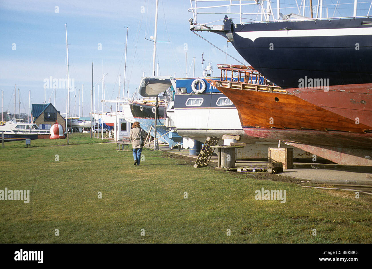 Burnham on Crouch, Essex. Boats parked on land beside the Yacht Harbour ...