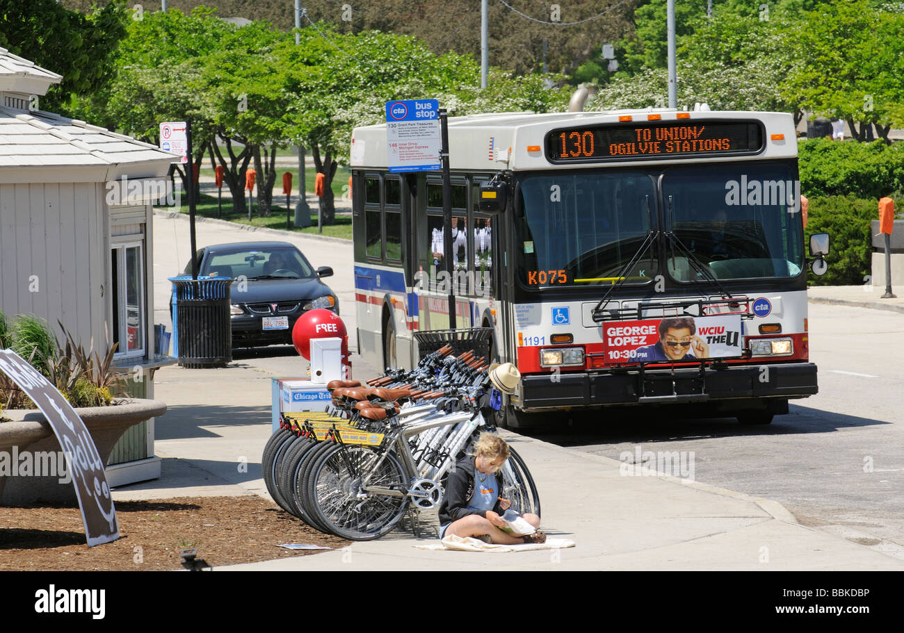 Chicago USA skyline with transportation methods Bus and cycles for hire ...