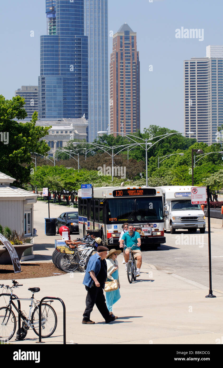 Chicago USA skyline with transportation methods Bus and cycles for hire ...