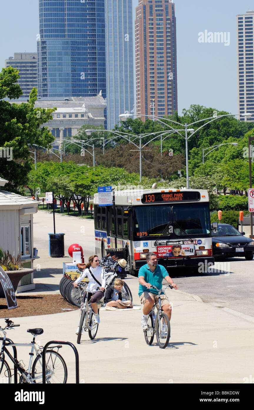 Chicago USA skyline with transportation methods Bus and cycles for hire ...