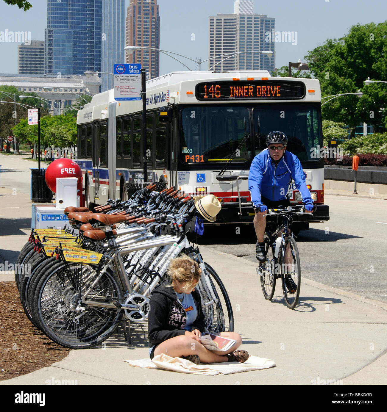 Chicago USA skyline with transportation methods Bus and cycles for hire ...