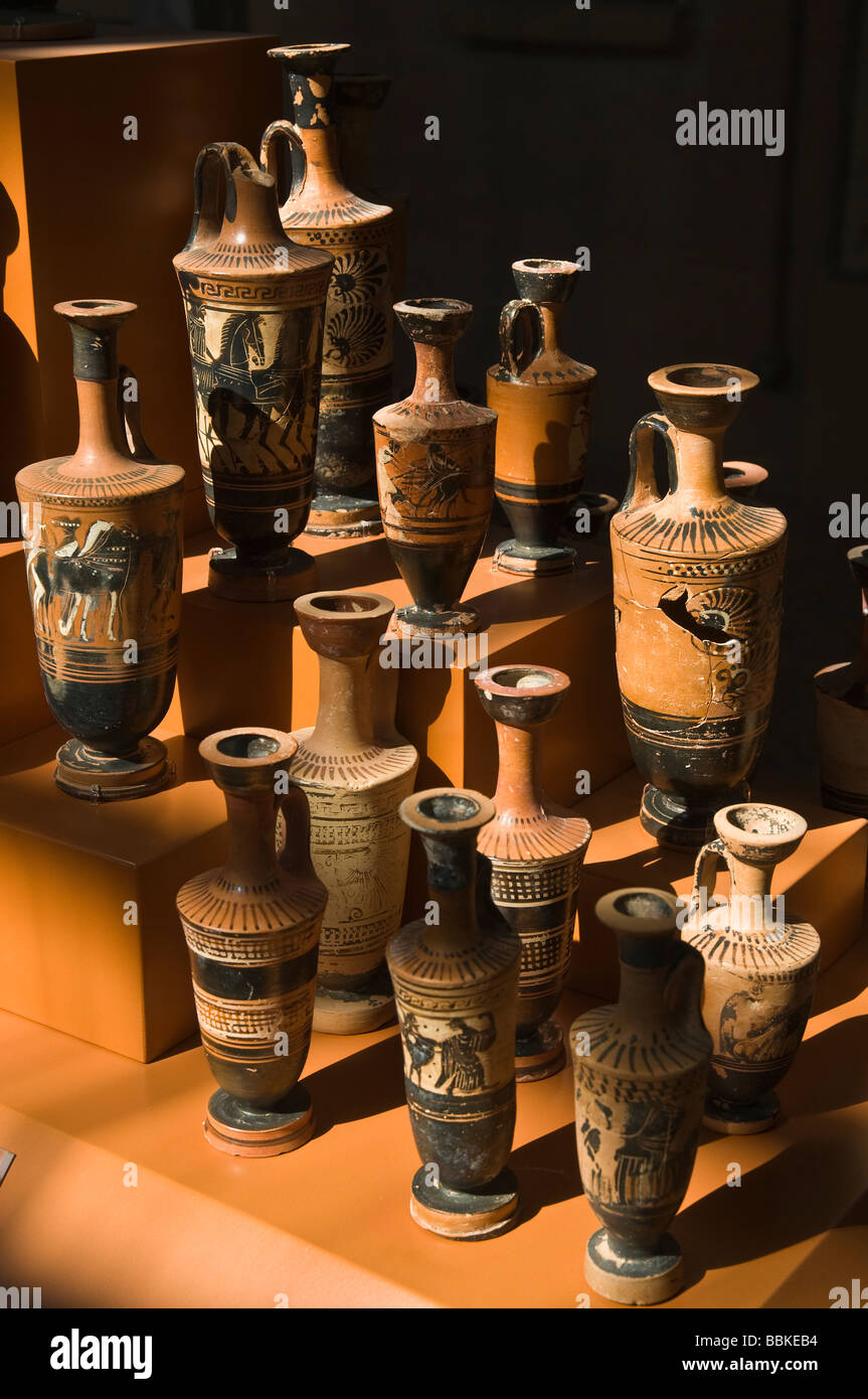 A museum display of lekythoi oil flasks from the 5th cen BC discovered ...