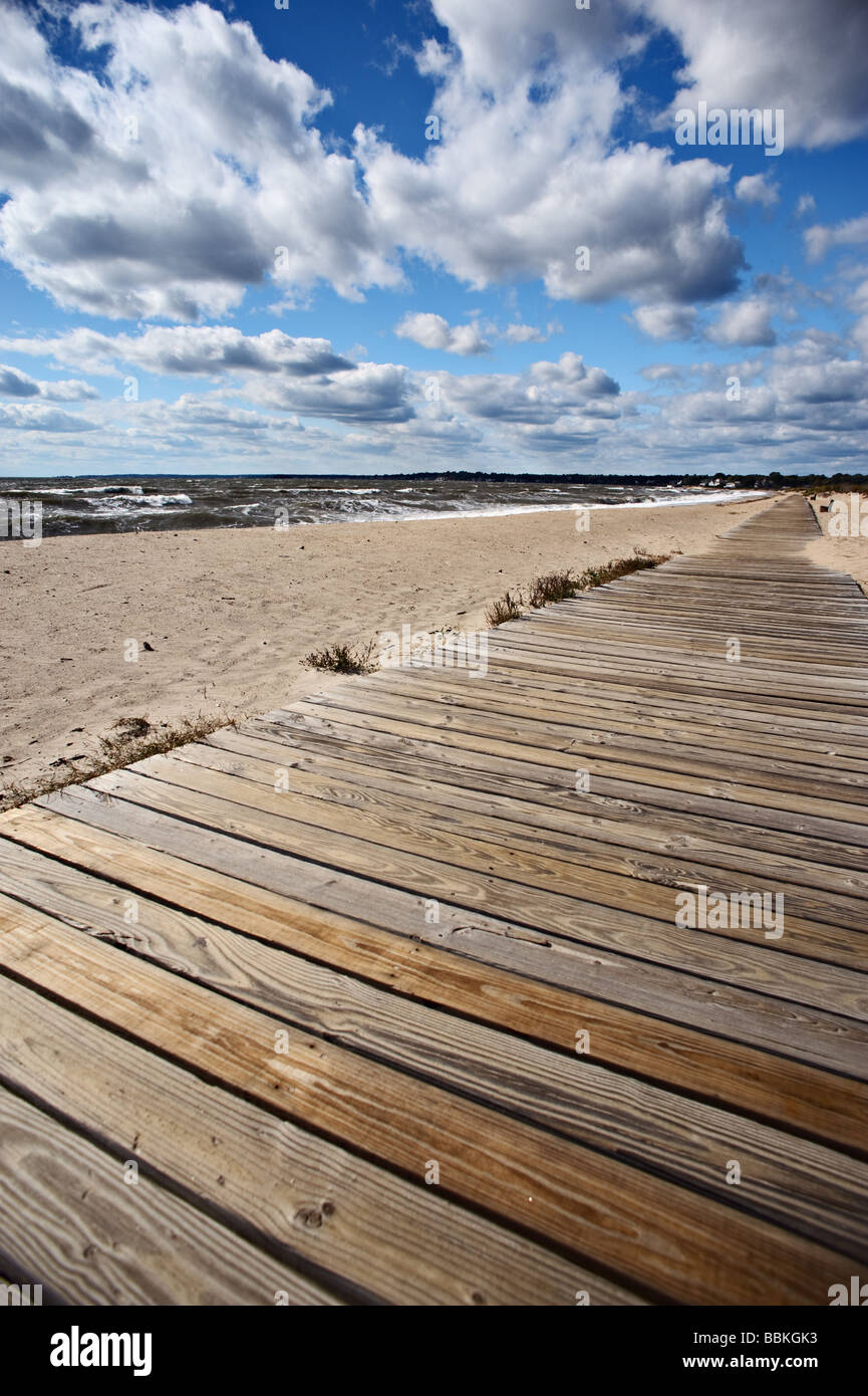 Boardwalk and surf Hammonasset Beach State Park Madison Connecticut US ...