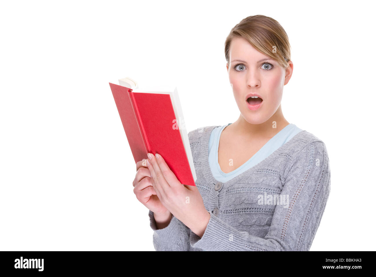 Full isolated portrait of a caucasian woman with a red book Stock Photo ...