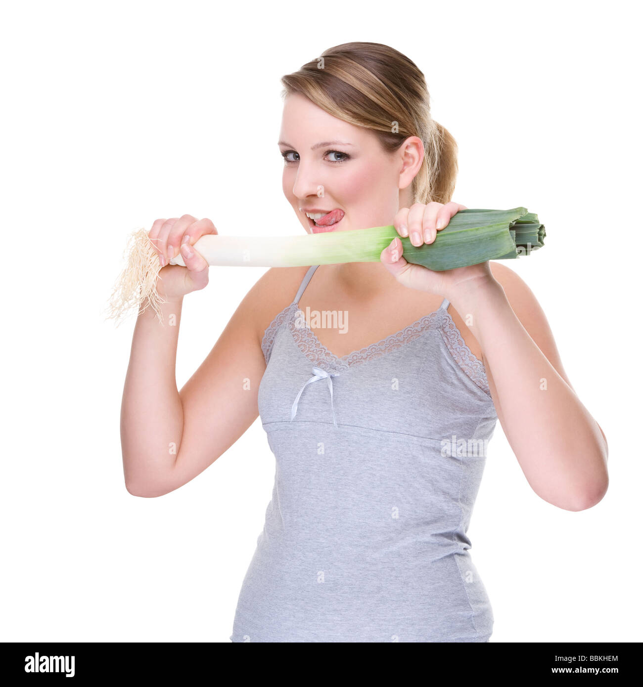 Full isolated portrait of a beautiful caucasian woman with leek Stock ...