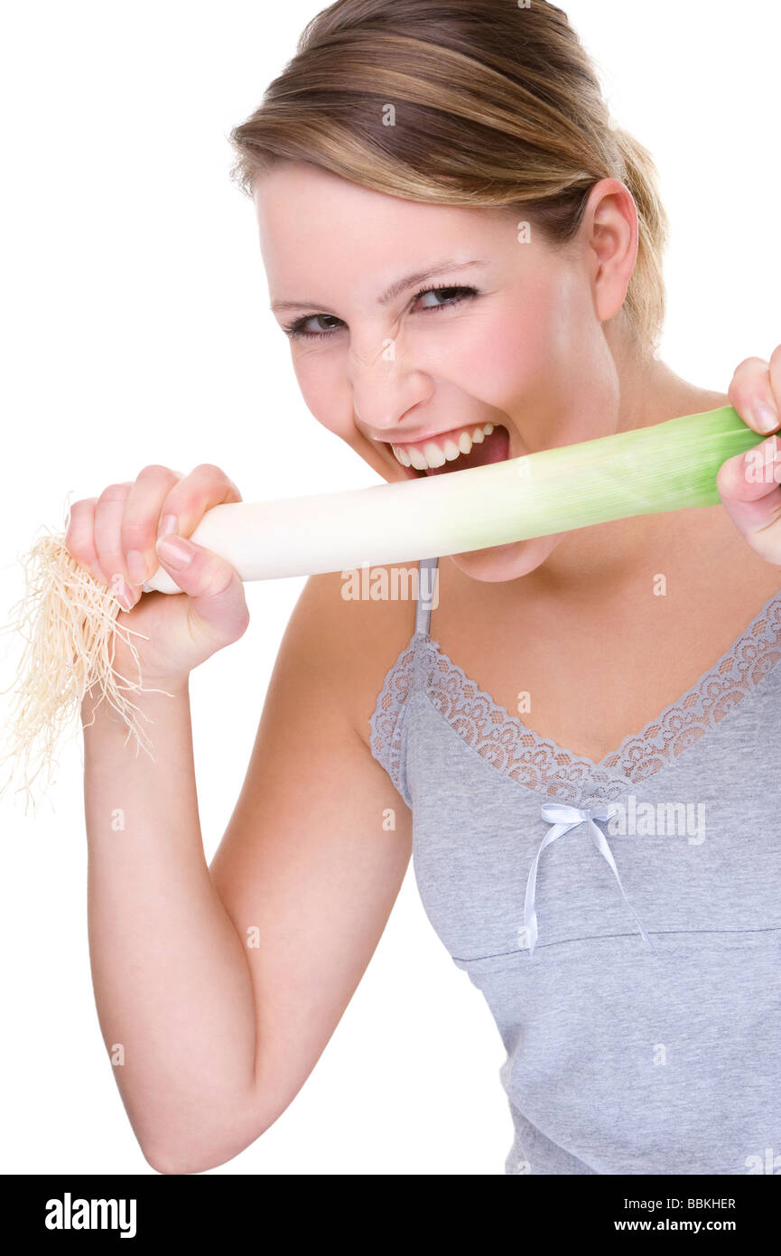 Full isolated portrait of a beautiful caucasian woman with leek Stock ...