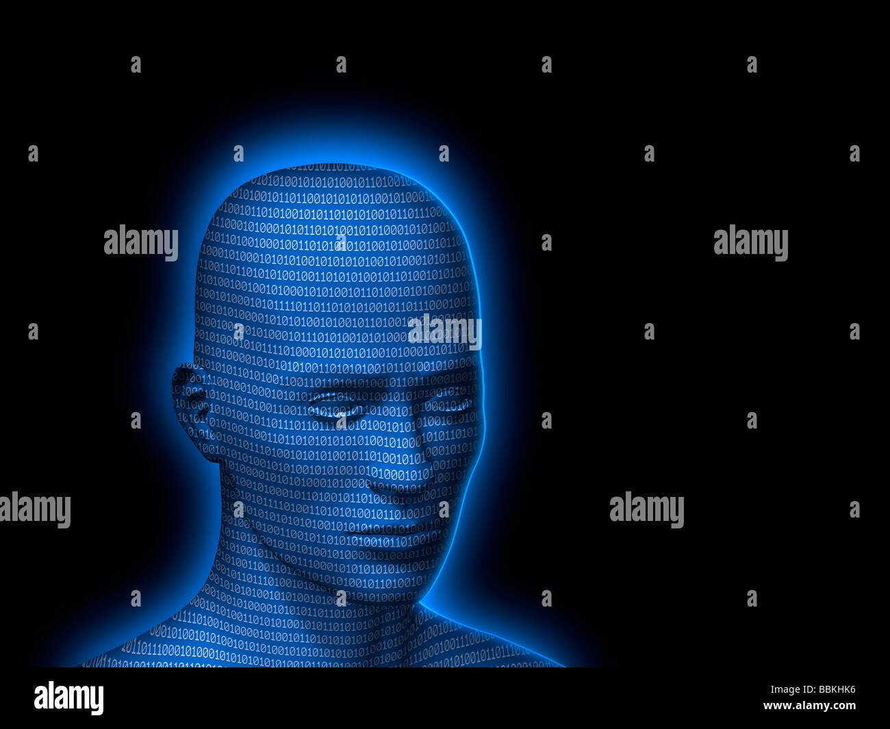 Human head with binary code surrounded by blue glow Stock Photo - Alamy