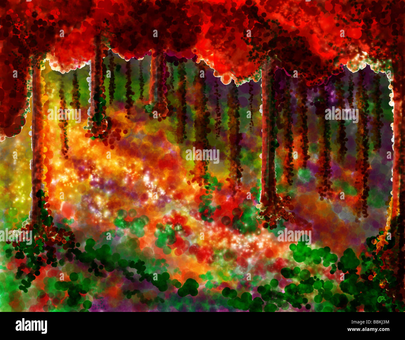 Illustration of an enchanted red forest with a fantasy atmosphere. Hand ...
