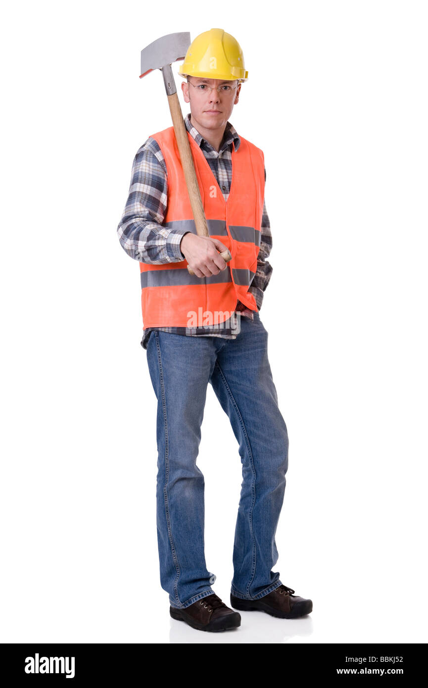 Full isolated studio picture from a young construction worker with a ...