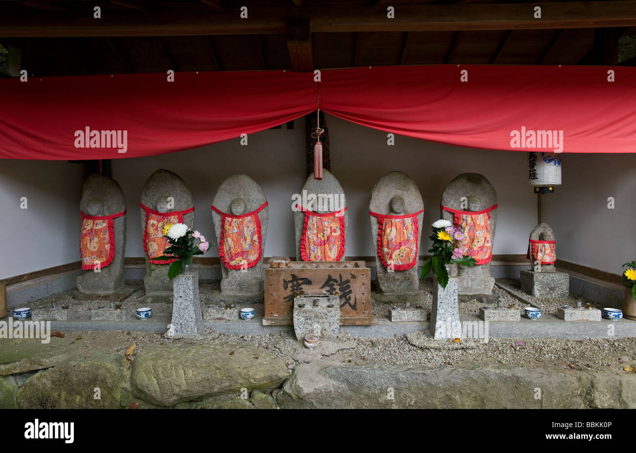 Guardian stone statues Roku jizo near entrance to Korankei Gorge Asuke ...