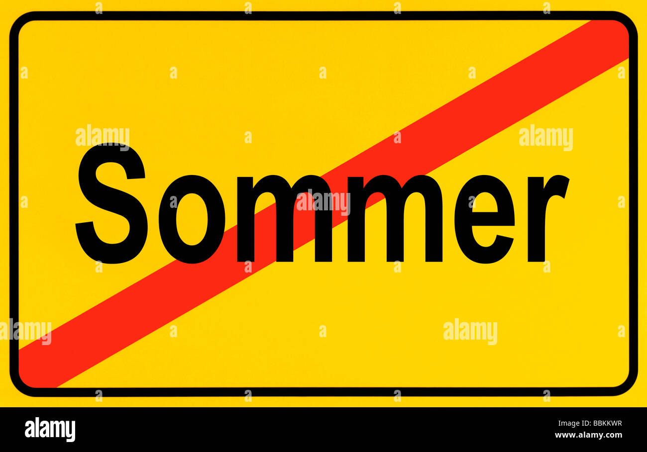 Town exit sign, German lettering Sommer, symbolic of end of summer ...