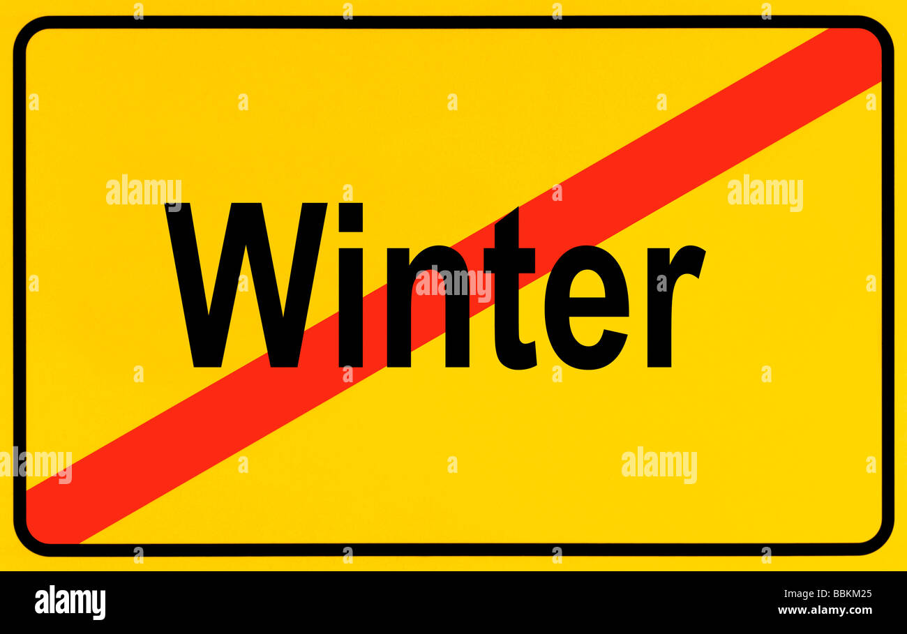 Town exit sign, lettering Winter, symbolic of end of winter Stock Photo ...