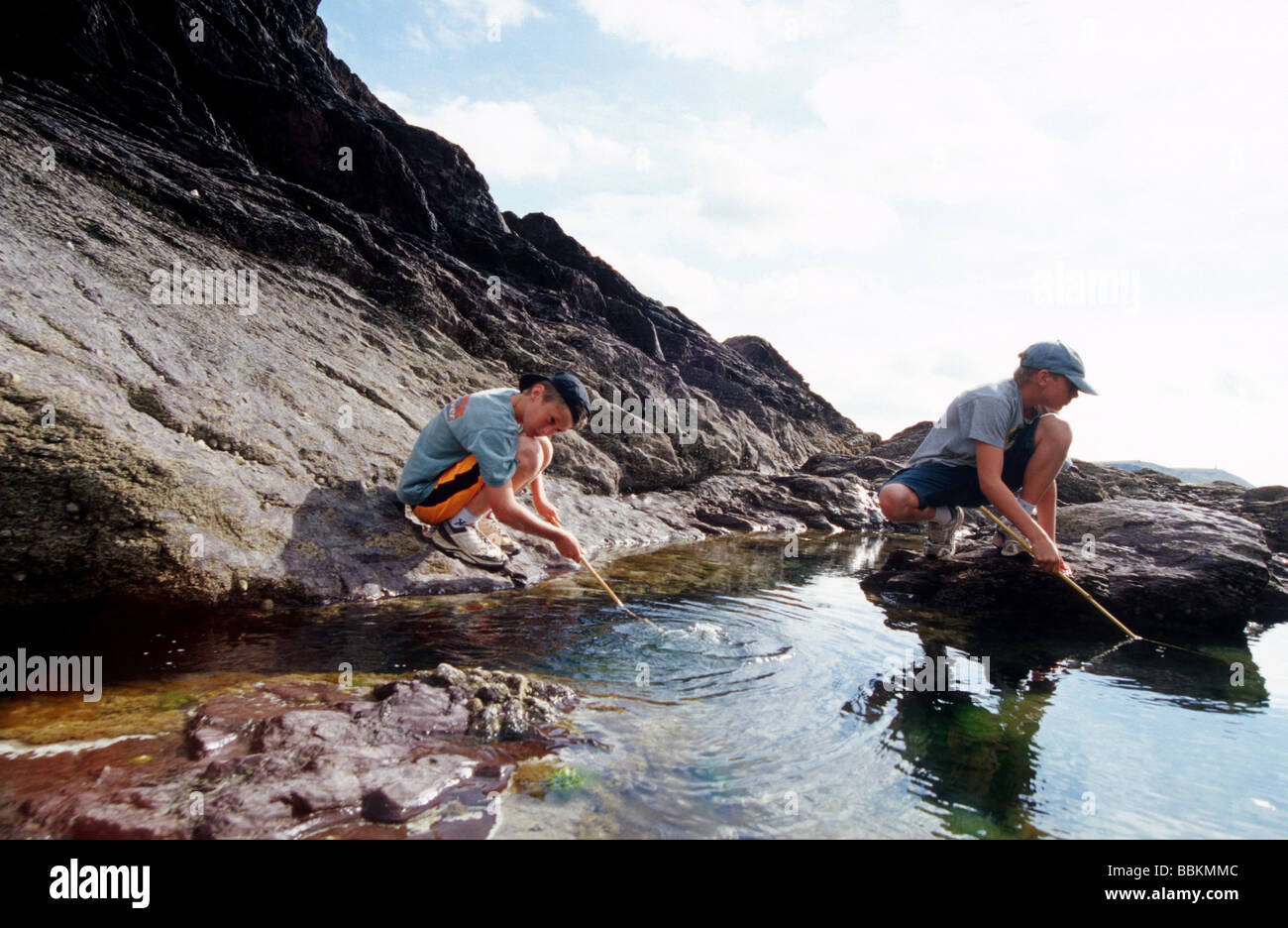 Two boys searching in rock pools Polzeath Beach North Cornwall coast ...