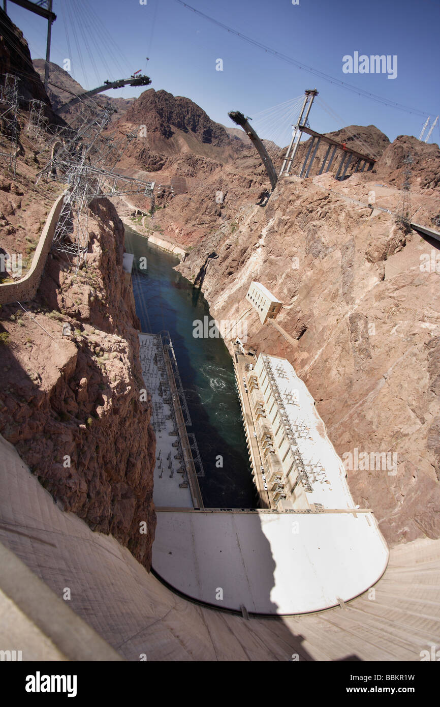 hoover dam with new bridge construction in the background,in portrait ...