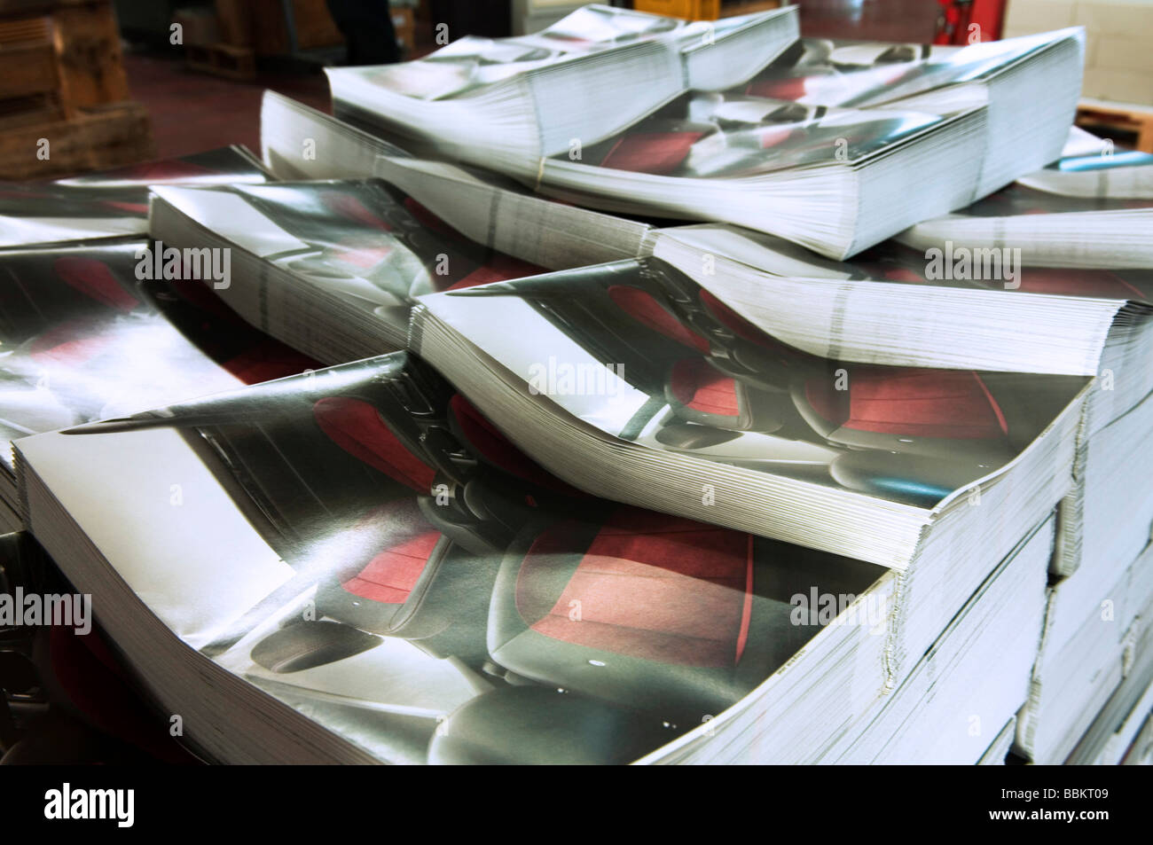 Printing plant, stacked brochures waiting to be processed, detail Stock ...