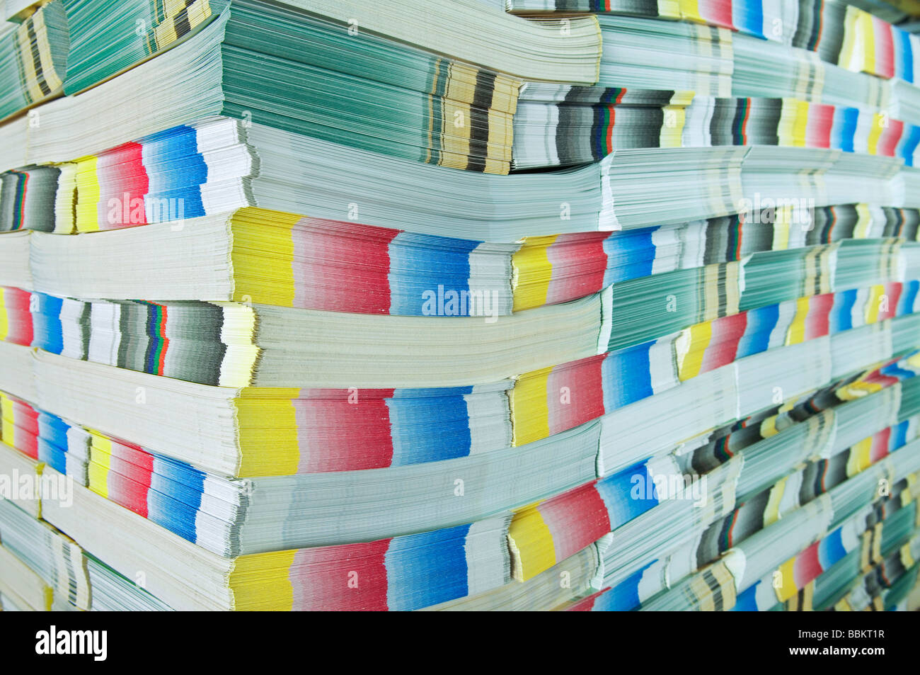 Printing plant, stacked brochures waiting to be processed, detail Stock ...