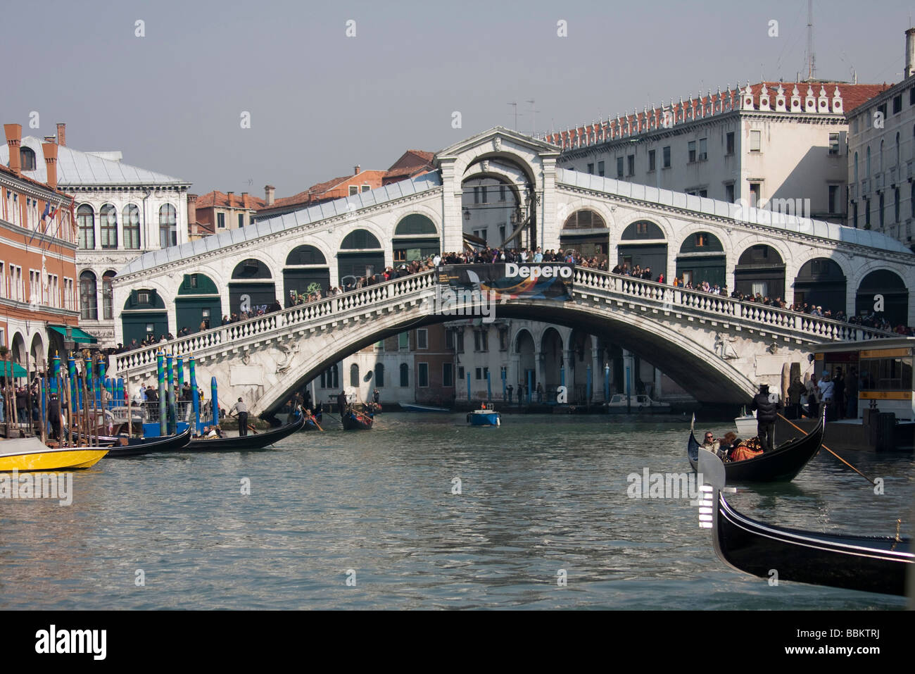 View of Venice, Rialto bridge sunny water Canal and gondola Horizontal ...
