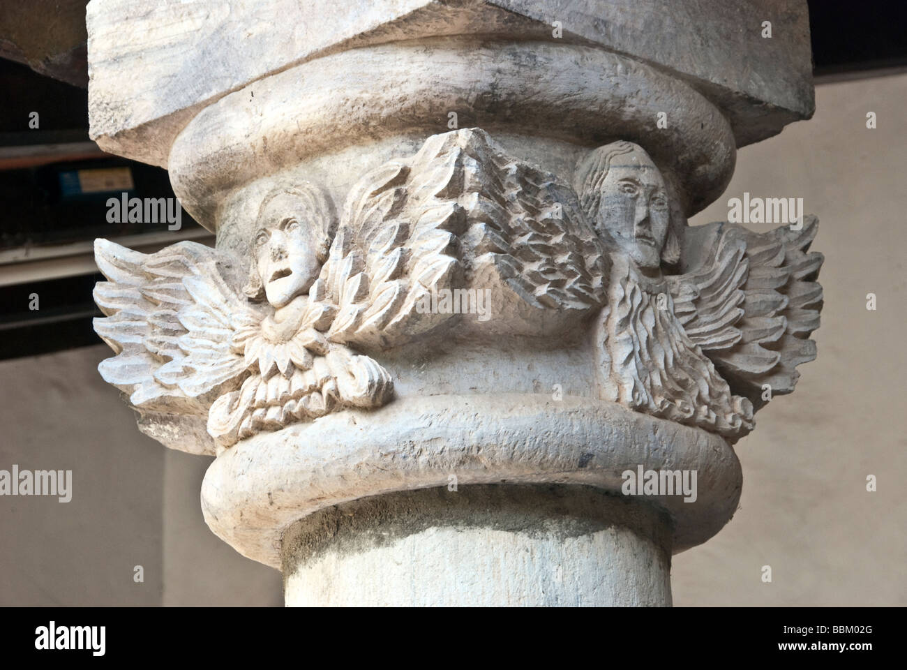 primitive angel column capital in the cloister of the Teotitla Church ...