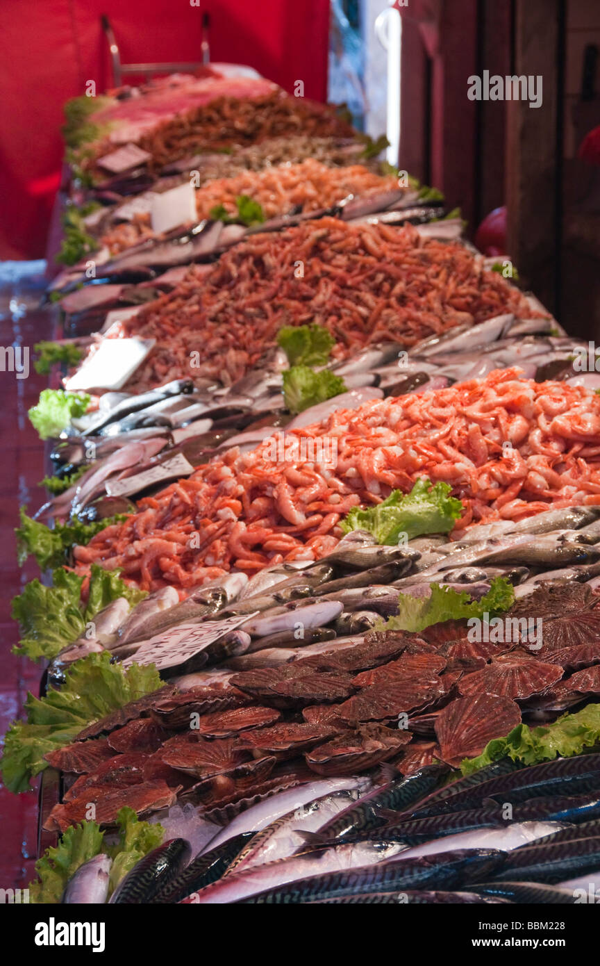 Seafood stall at the Pescheria Rialto fish market San Polo Venice Italy ...