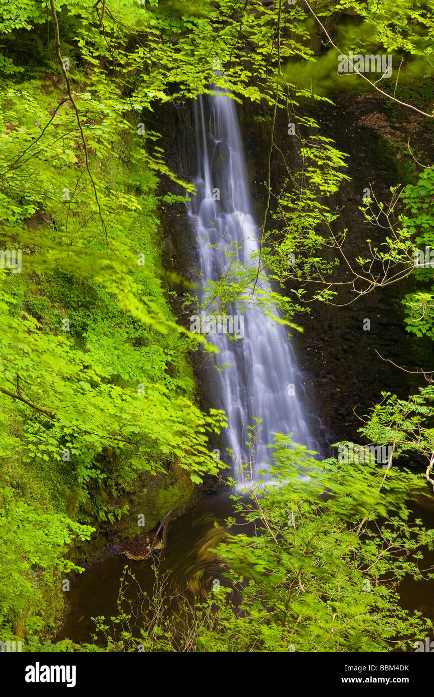 The spectacular Falling Foss Waterfall, framed by vibrant coloured ...