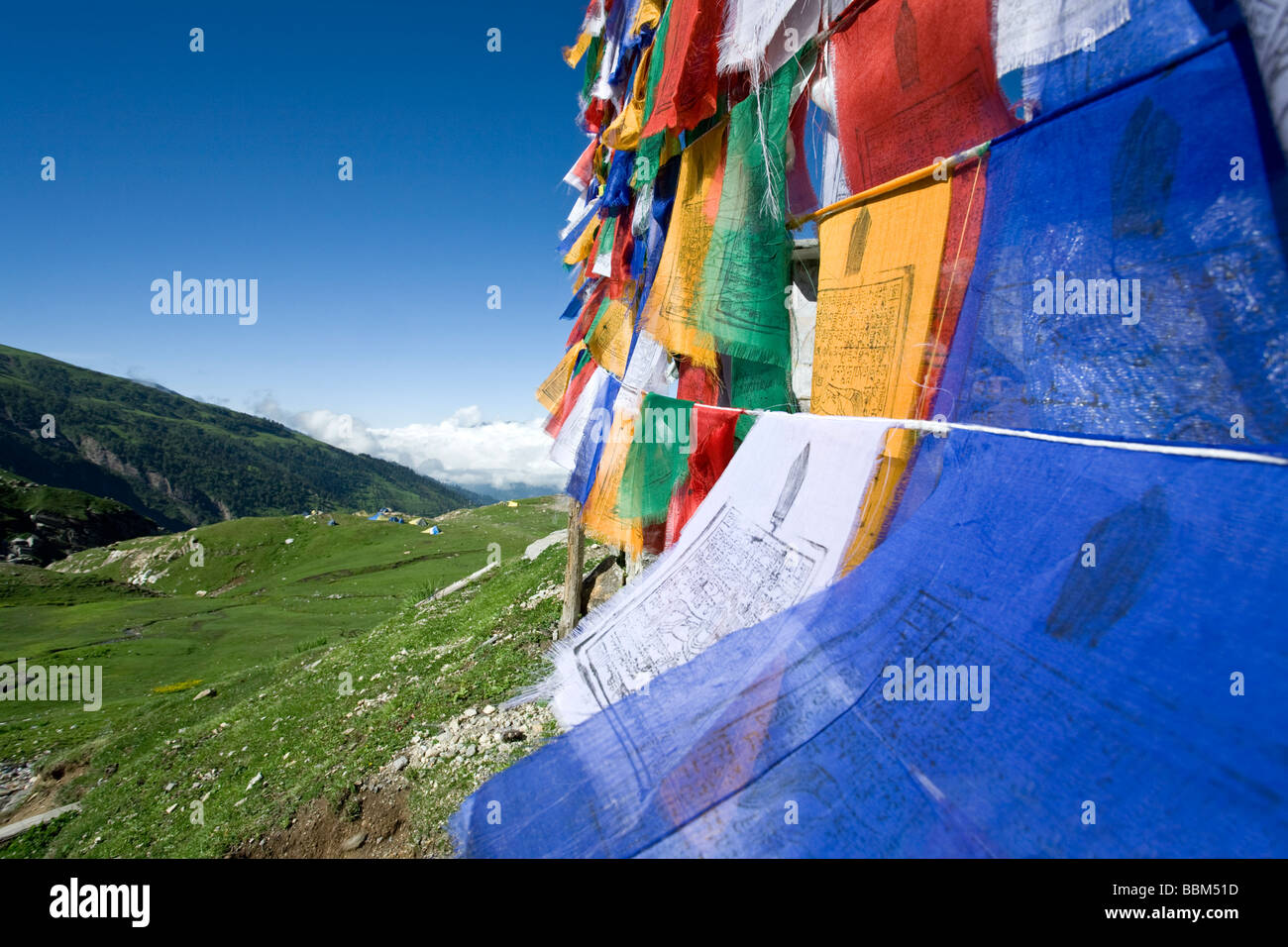 Prayer flags. Rohtang Pass (3978m). Manali-Leh road. Himachal Pradesh ...