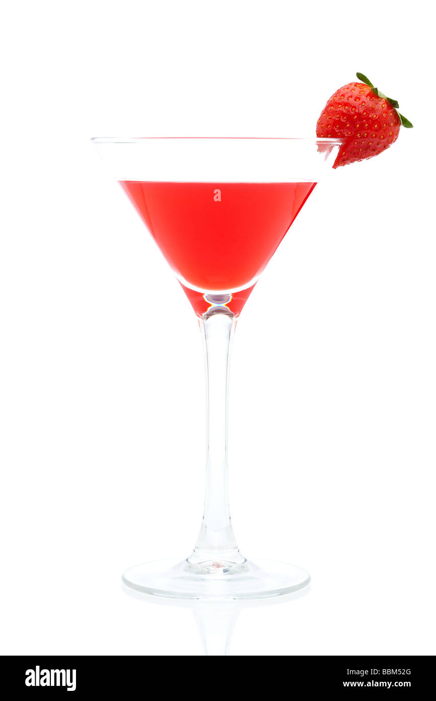 A glass of fresh strawberry cocktail reflected on white background ...