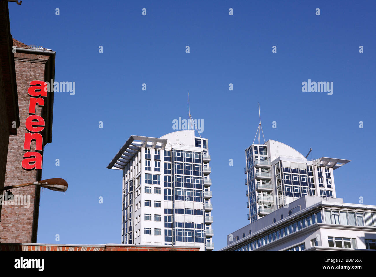 Twin Towers Berlin next to Arena cultural venue, high-rise building ...