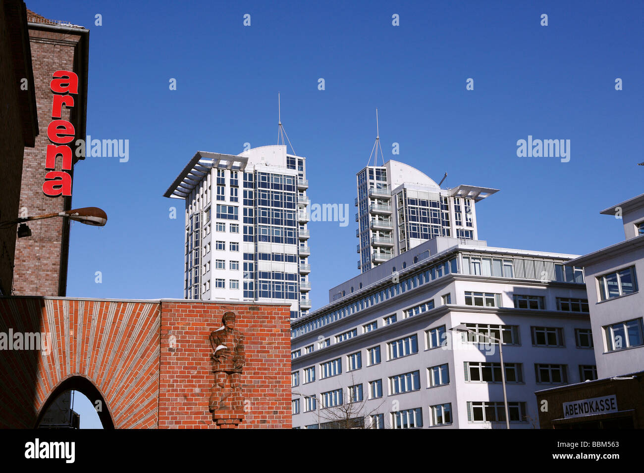 Twin Towers Berlin next to Arena cultural venue, high-rise building ...