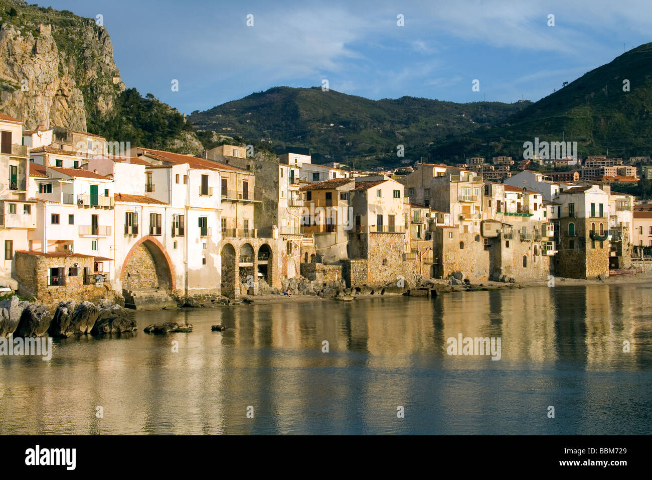 Old port Mt La Rocca beach Moorish architecture Town of Cefalu Palermo ...