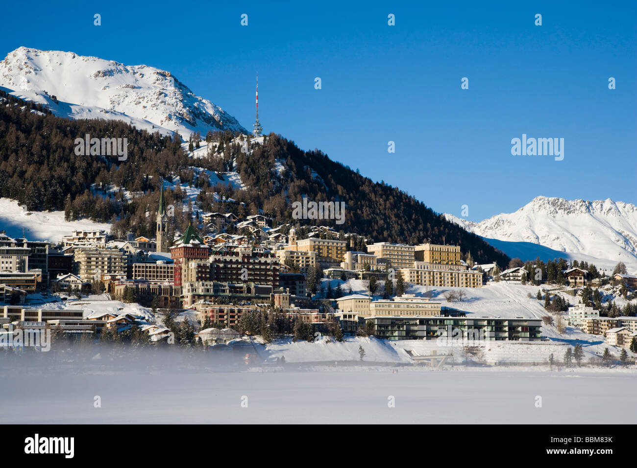 Panorama of St Moritz-Dorf village with Sankt Moritzersee lake, winter ...
