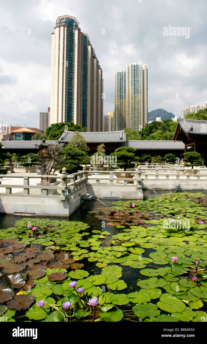 Chi Lin Nunnery, temple site, pagodas, skyscrapers at back, Hong Kong ...