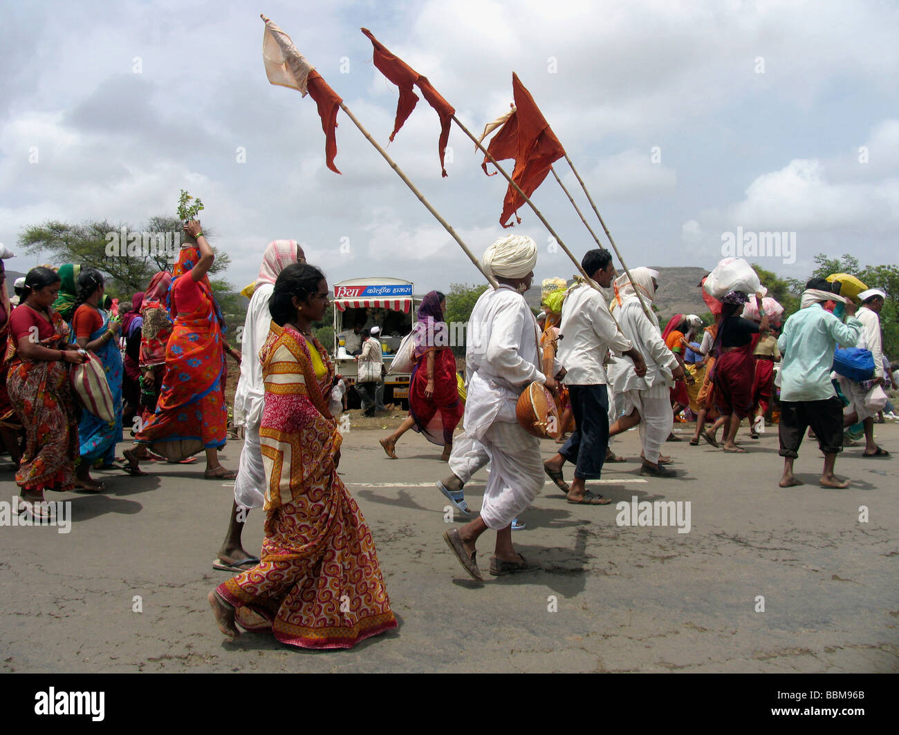 Warkaris walking during Pandharpur Yatra at Alandi, Maharashtra, India ...