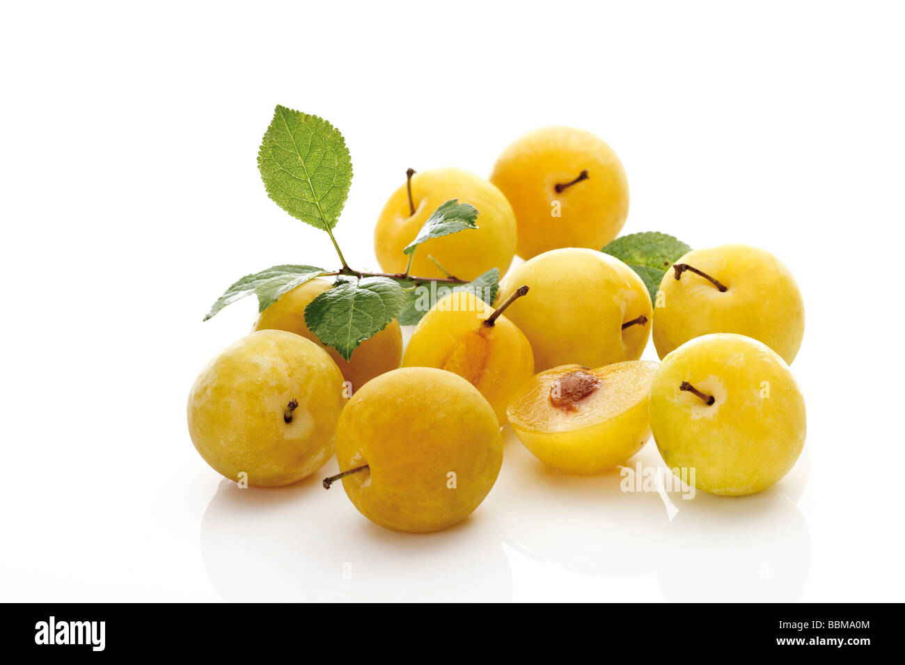 Yellow plums (Prunus domestica) with small leaves Stock Photo - Alamy