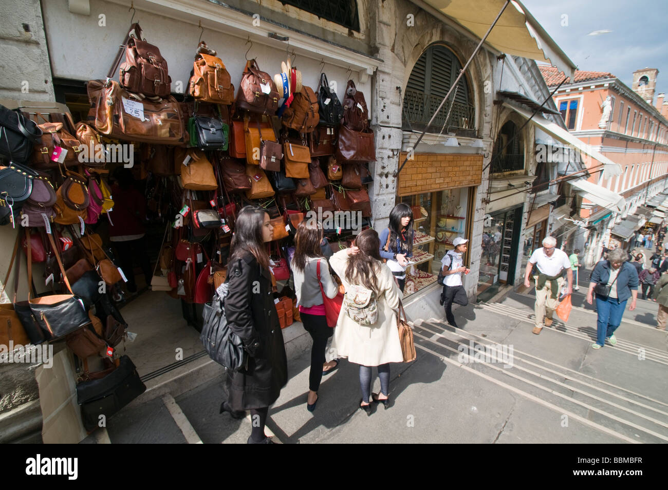 Souvenier shops on the stepped street over Rialto Bridge San Polo ...