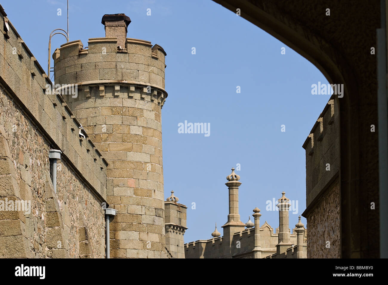 towers of medieval palace on sky background Stock Photo - Alamy