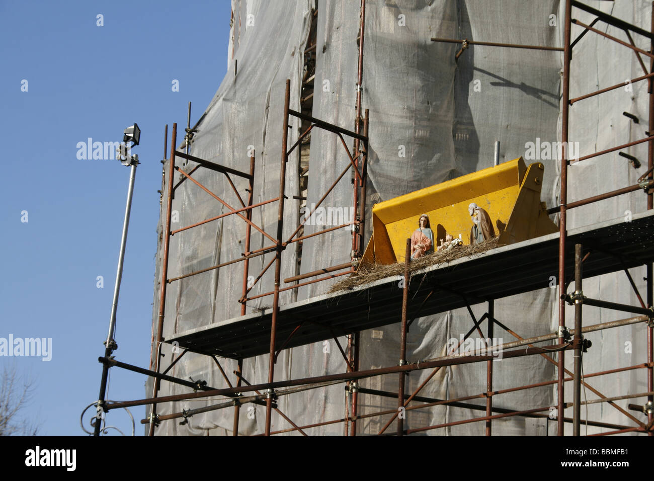 nativity scene outside church covered with scaffolding in rome italy ...